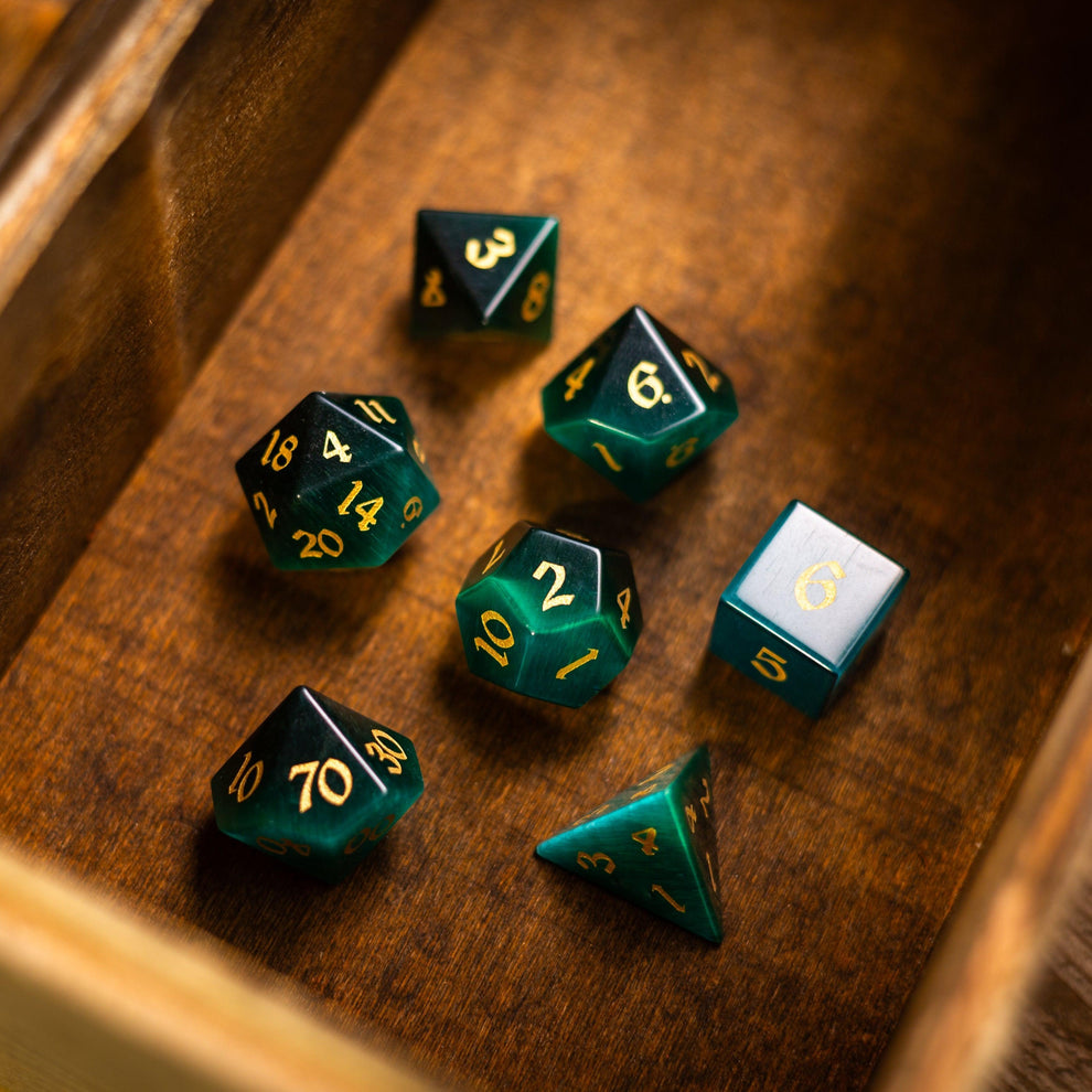 Gemstone Dark Green Cats Eye Stone Hand Carved DND Dice Set – Nord Games